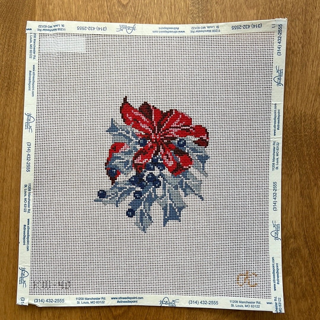 Blue Holly with Red Bow – The Needlepoint Clubhouse